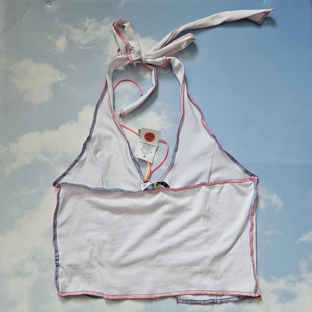 love J | Tops | White Rainbow Pink Stitch Halter Crop Top Club Top ...